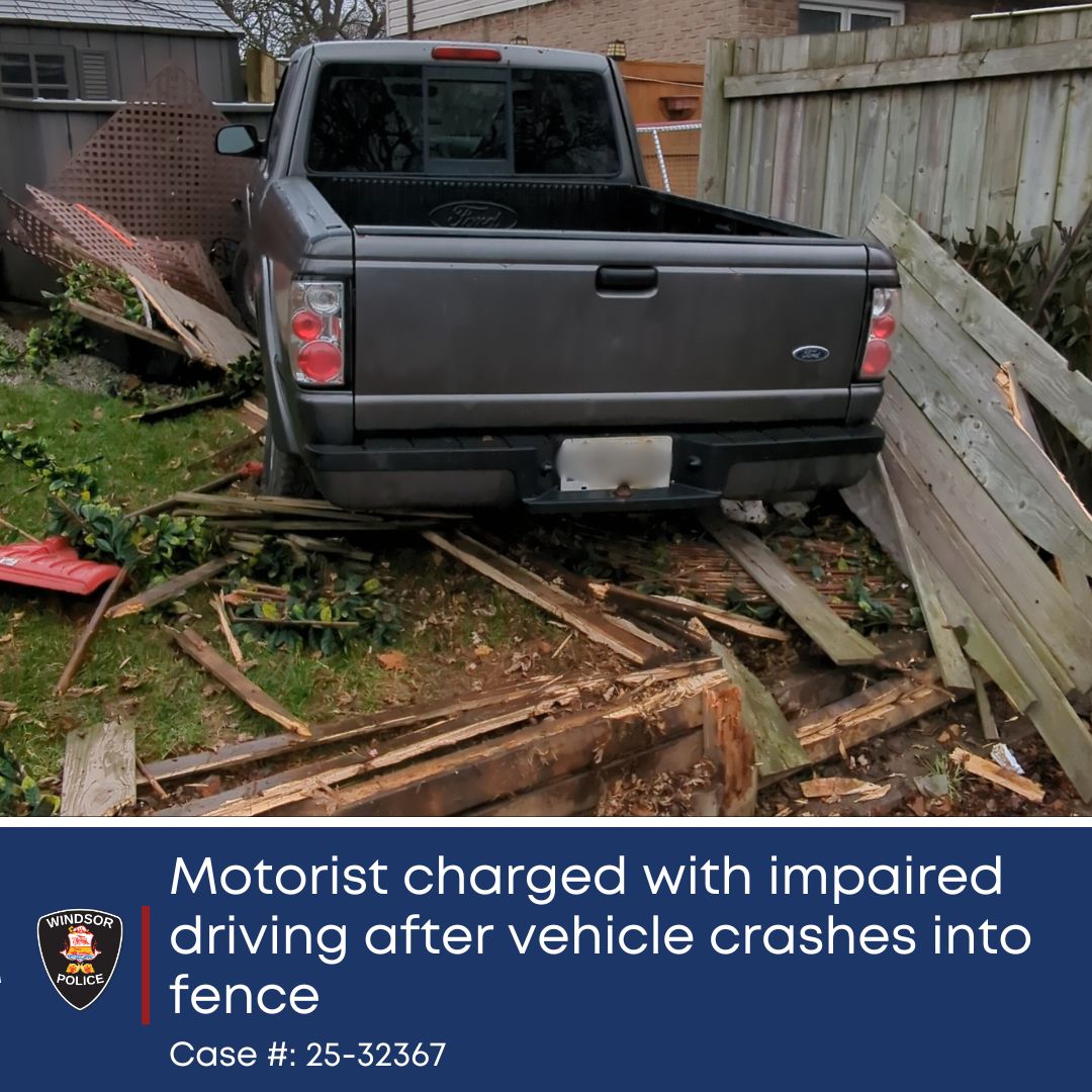 Motorist charged with impaired driving after vehicle crashes into fence | Windsor Police Service